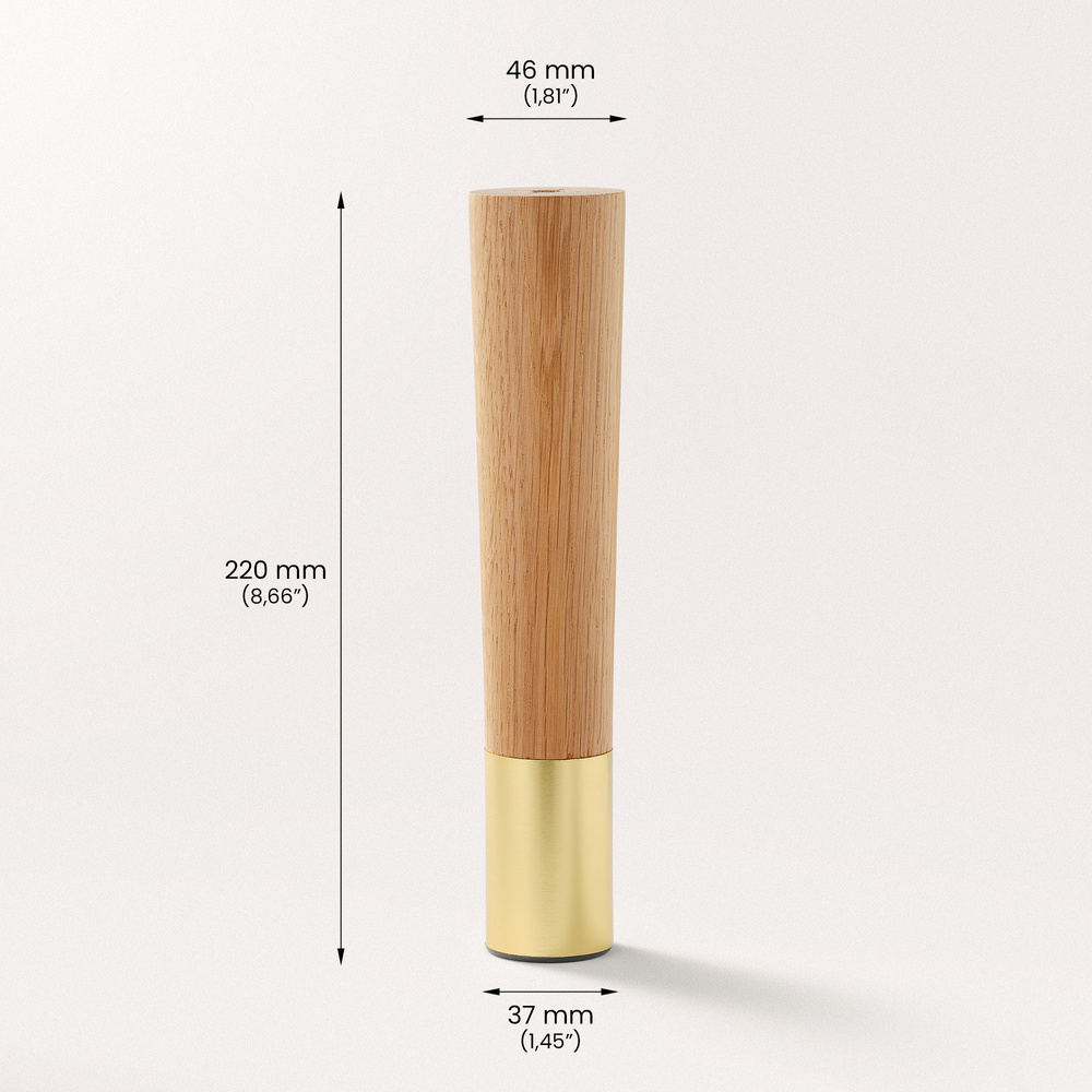 Estelle Slim 220 Oak natural - Furniture leg in oak wood with brass toe